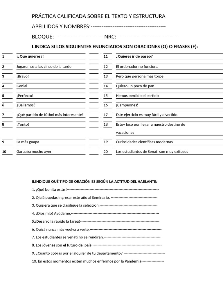 Práctica de Oraciones y Estructura | PDF