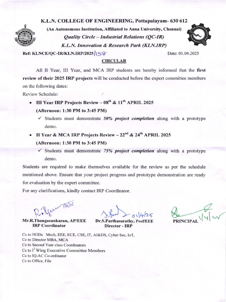 KLN College IRP Project Review Schedule | PDF