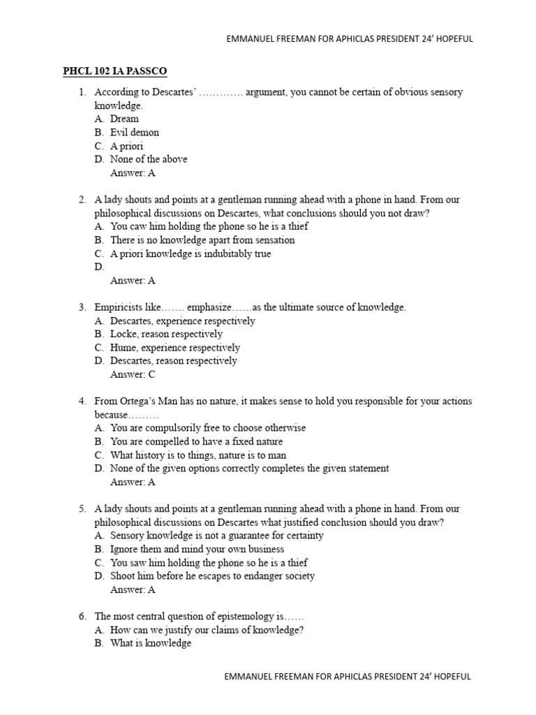 EMMANUEL FREEMAN PHCL 102 IA PASSCO 3 | PDF | Epistemology | Knowledge