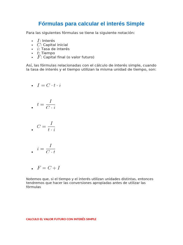 Formulas - Interes Simple - Matematica Financiera | PDF