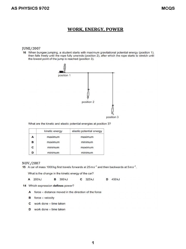 5 Work, Energy and Power MCQs | PDF