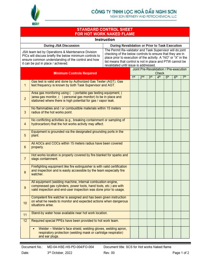 Hot Work Safety Control Sheet | PDF | Personal Protective Equipment | Fires