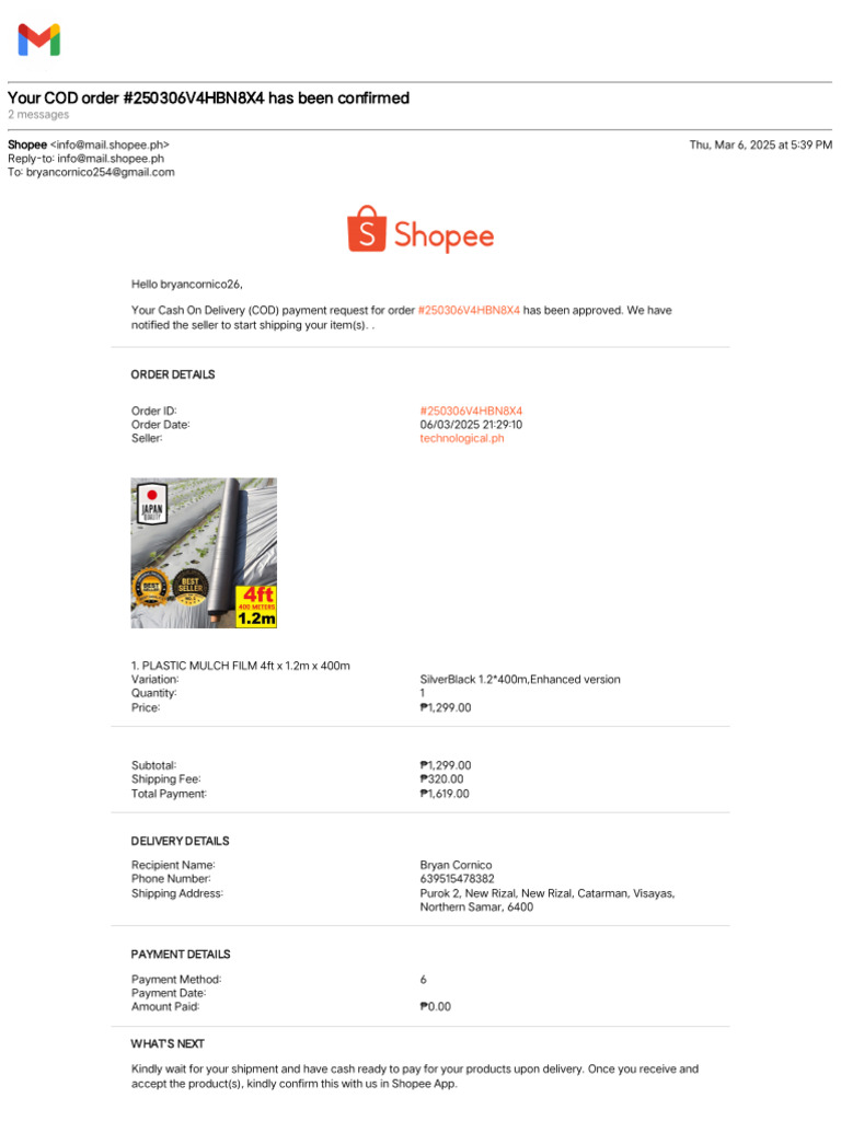 Gmail - Your COD Order #250306V4HBN8X4 Has Been Confirmed | PDF ...