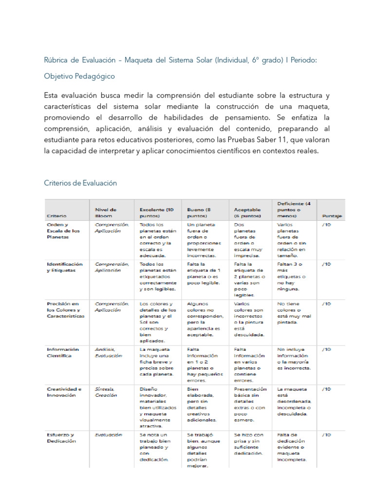 6 Rúbrica de Evaluación | PDF | Evaluación | Sistema solar