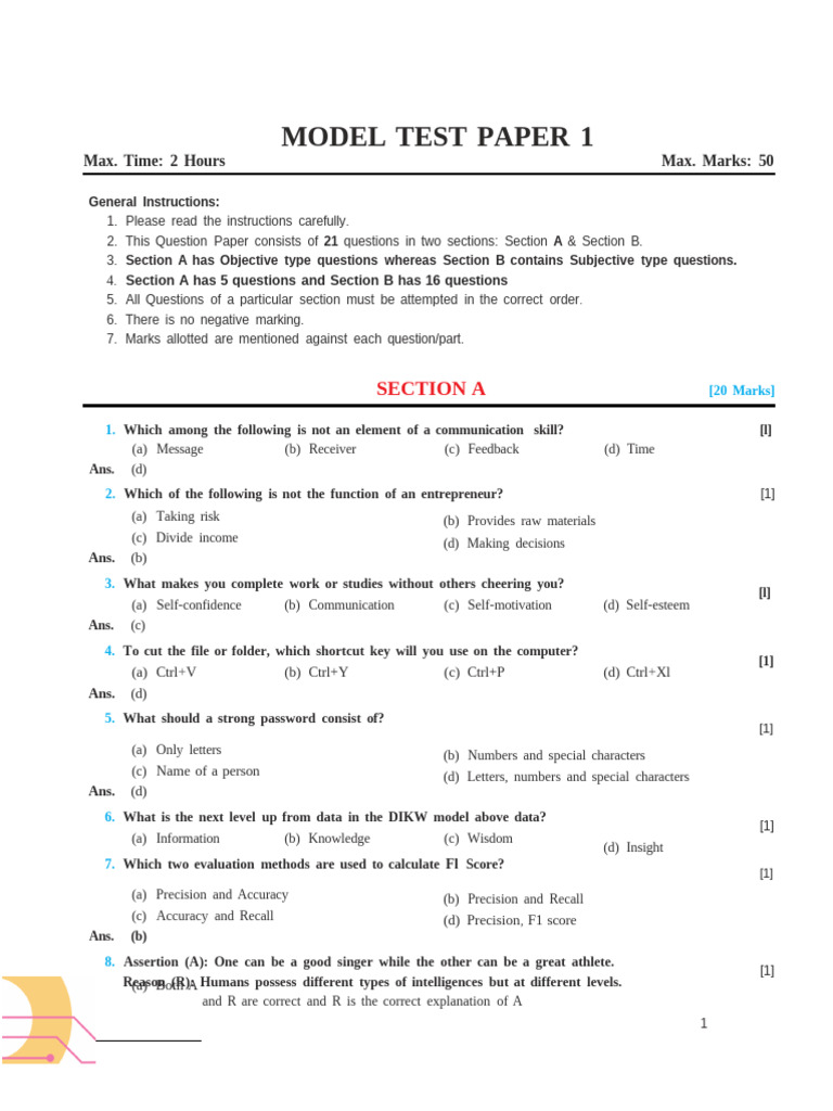 9th AI Model Test Paper Answers | PDF | Artificial Intelligence ...