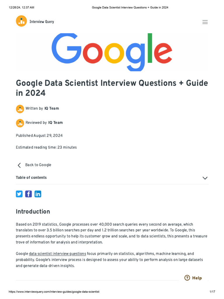 Google Data Scientist Interview Questions + Guide in 2024 | PDF | Data Science | Machine Learning