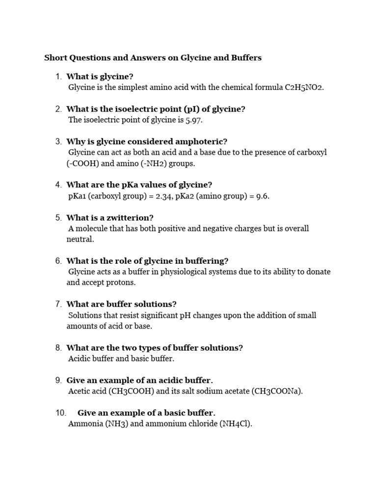 Short Questions and Answers on Glycine and Buffers | PDF | Acid | Buffer Solution