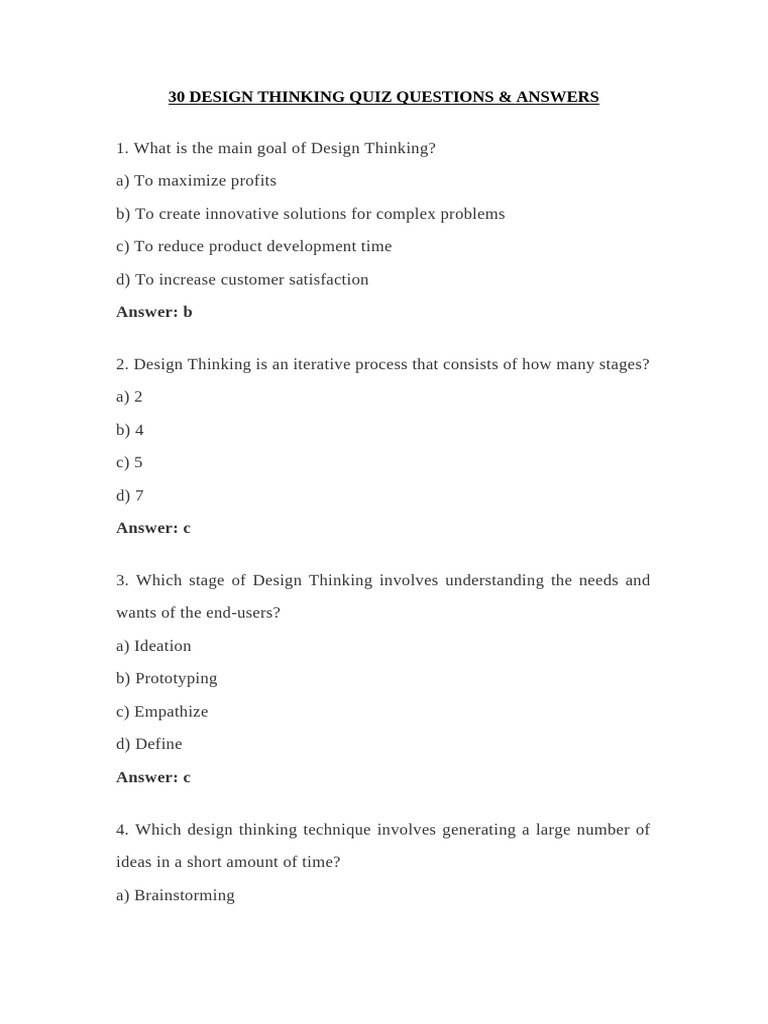 Design Thinking Quiz: 30 Questions & Answers | PDF | Design Thinking ...