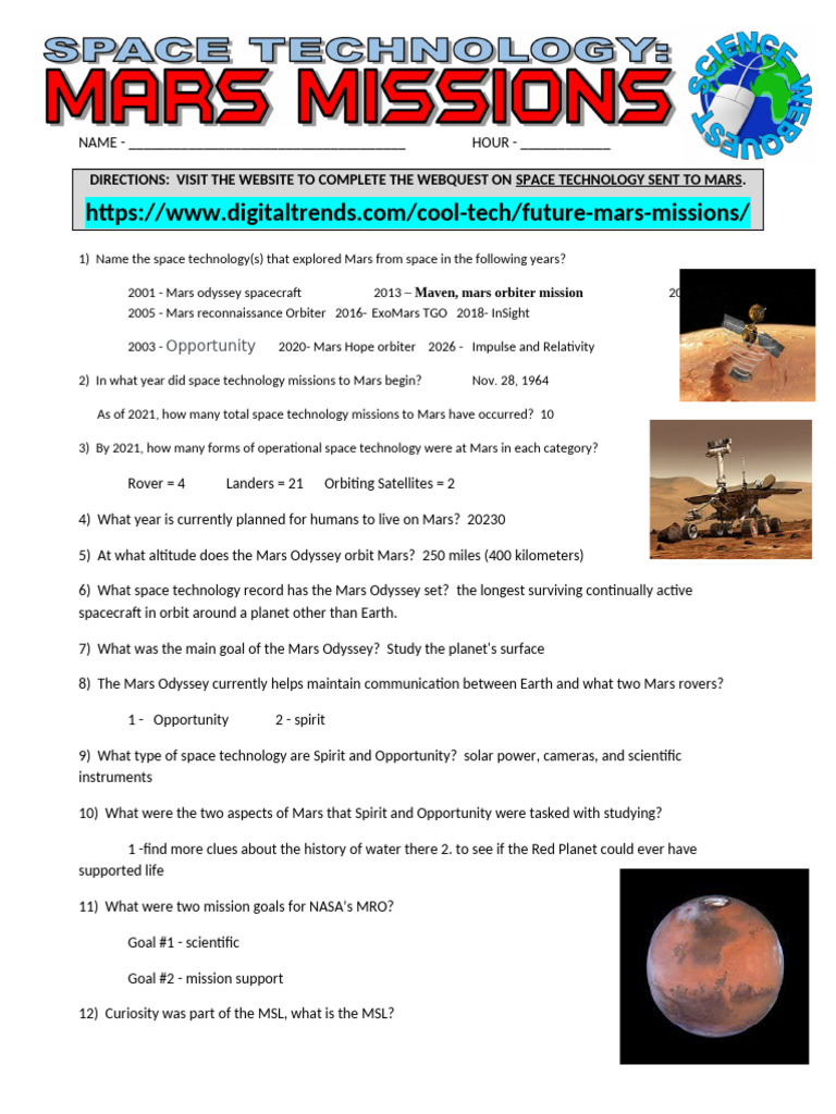 Space Technology Webquest - Mars Missions v20 | PDF | Exploration Of ...