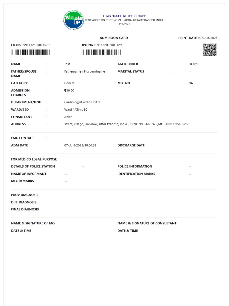 GIMS Hospital Admission Card Details | PDF