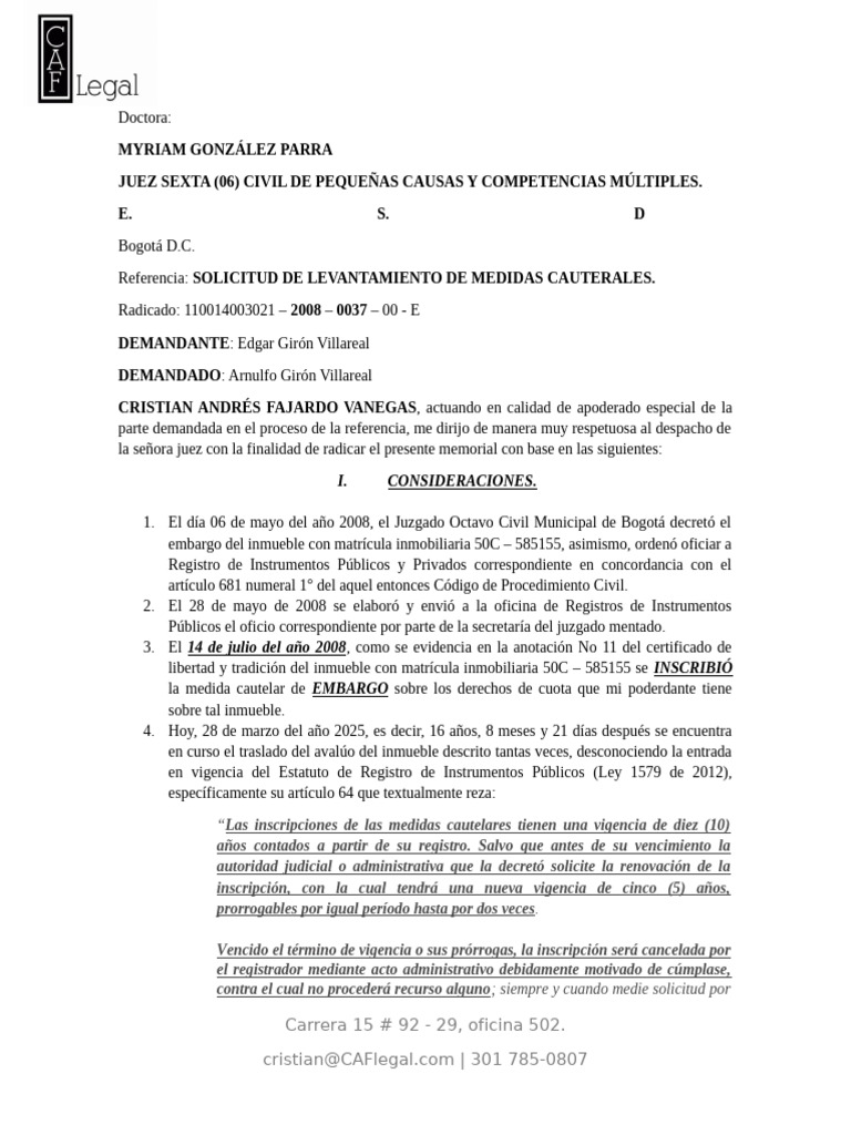 Memorial - Levantamiento Medida Cautelar. | PDF | Mandato