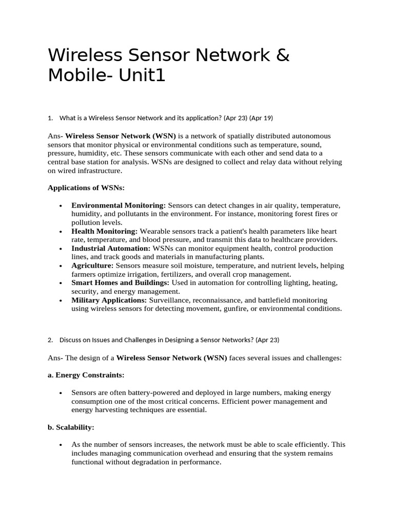 Wireless Sensor Network - Unit 1 | PDF | Wireless Sensor Network | Computer Network