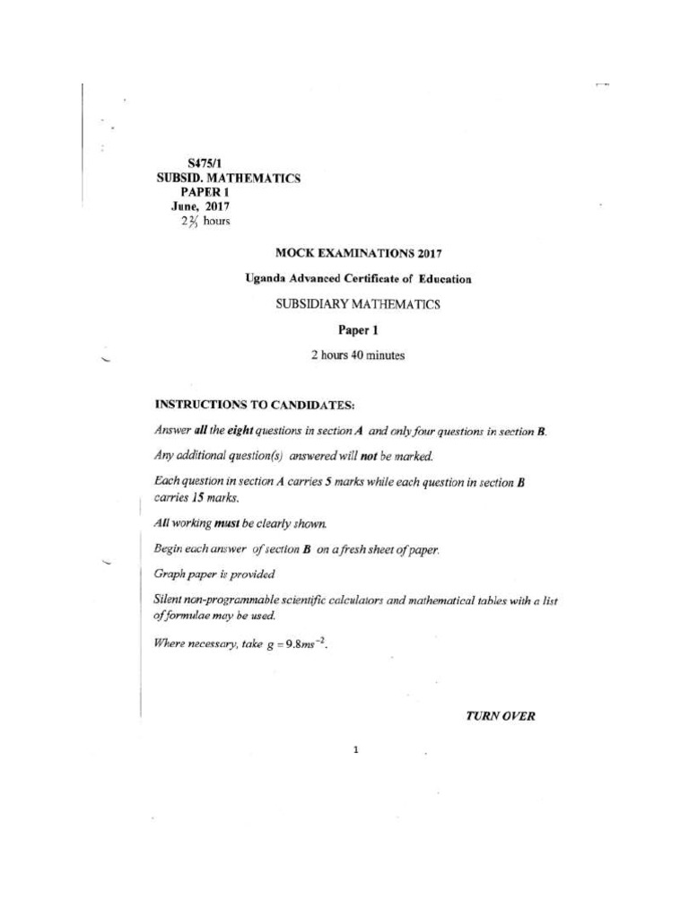S6 Sub Maths PAPER 1 MOCK | PDF