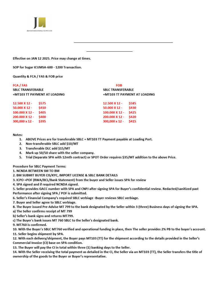 SOP For FCA-FAS & FOB AWSP Sugar ICUMSA 600 - 1200 - 12 JAN 25 | PDF ...