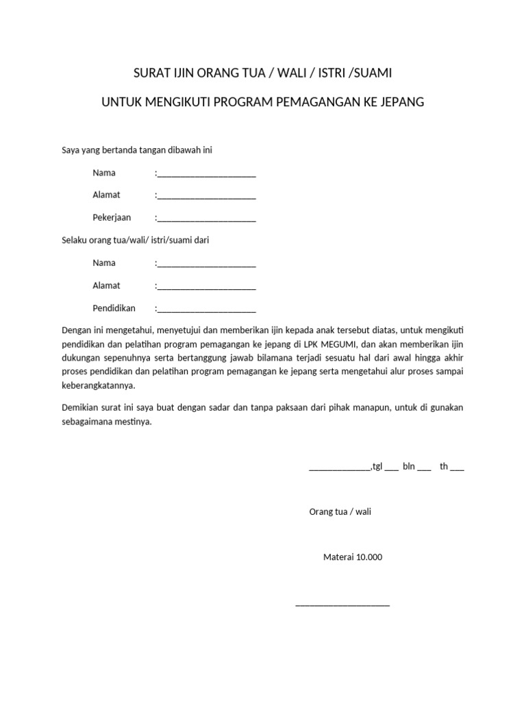 Surat Ijin Orang Tua | PDF