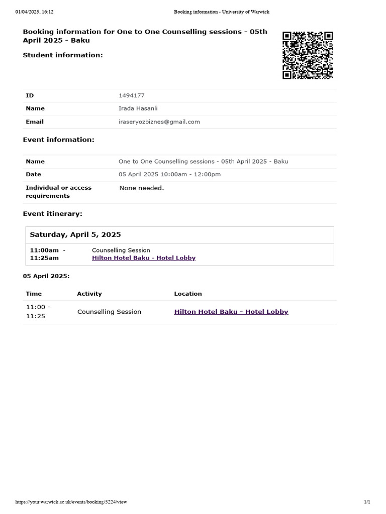 Booking Information - University of Warwick | PDF