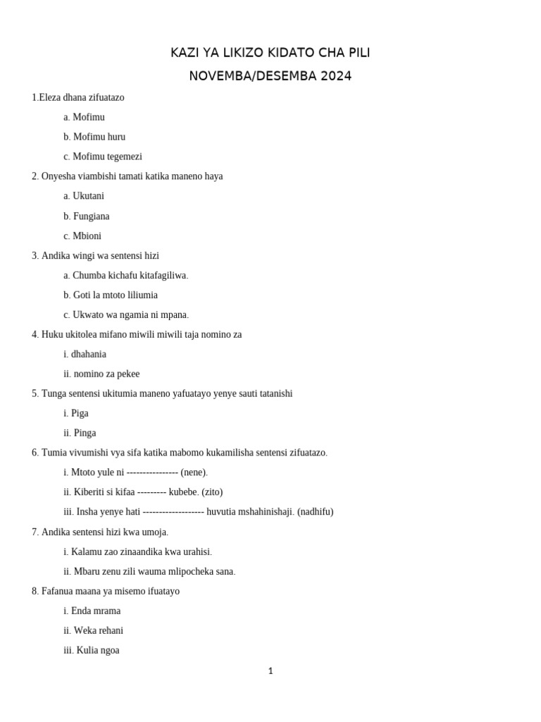 Kazi Ya Likizo Kidato Cha Pili Novemba/Desemba 2024 | PDF