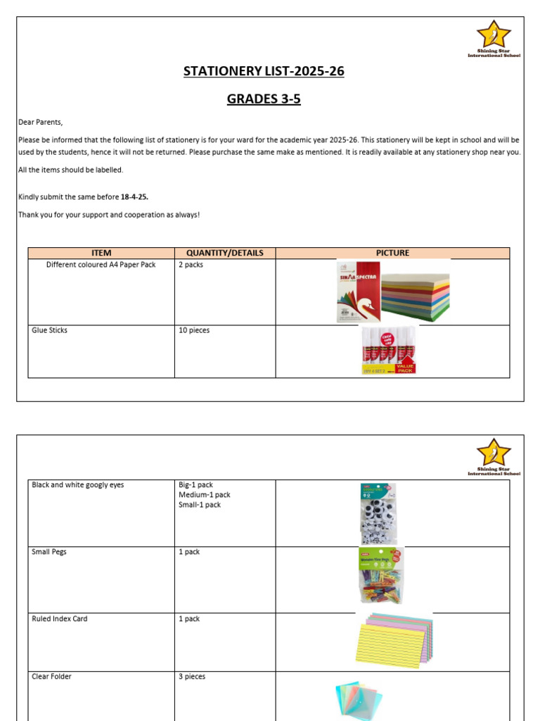 Stationery List Grades 3-5-2025-26 | PDF