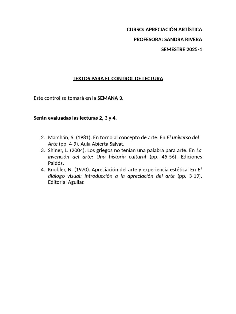 Lecturas para El Control de Lectura (Semana 3) - 2025-1 | PDF