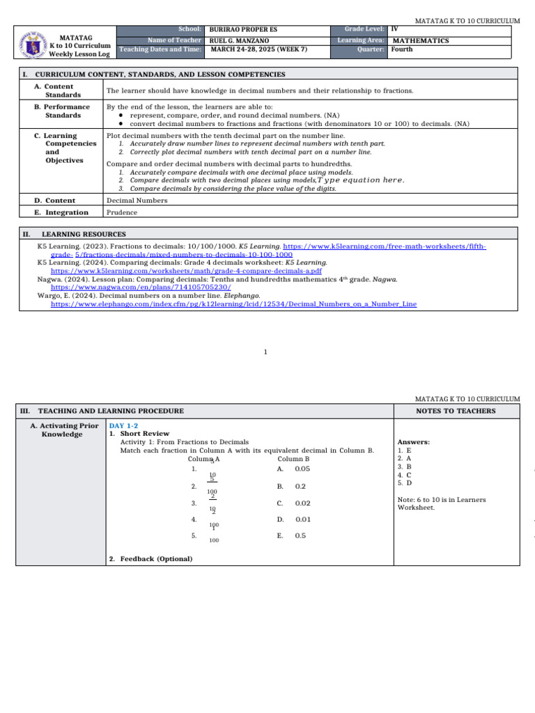 DLL MATATAG _MATH 4 Q4 W7 | PDF | Numbers | Learning