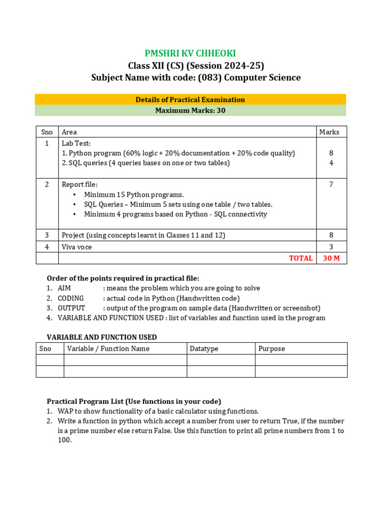 XII CS Practical List 2024-25 | PDF | Computer Network | Computer Program