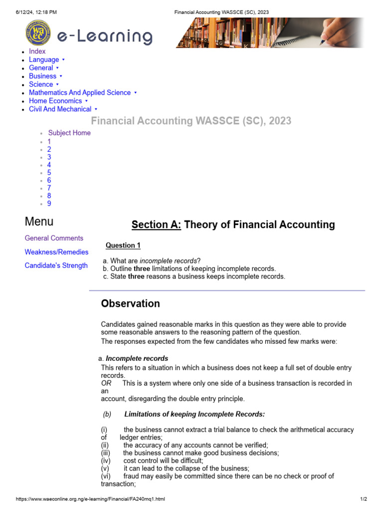 Wassce Waec 2023 Financial Accounting Paper 2 Past Questions and ...