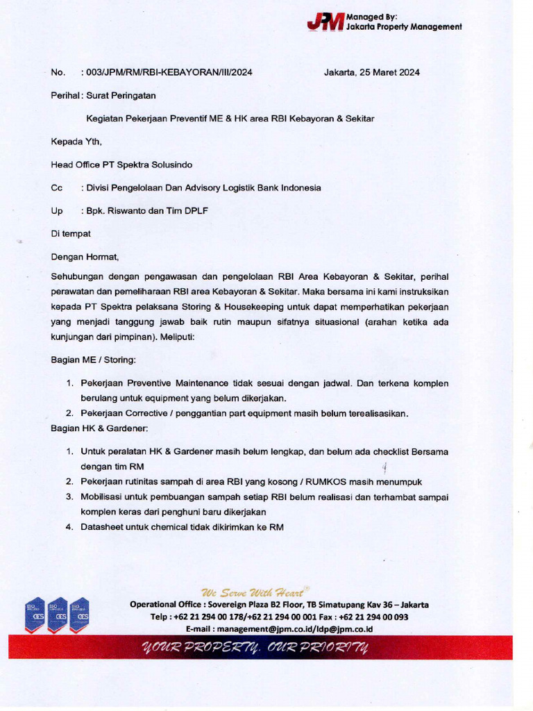 Surat Memo Head Office Spektra | PDF