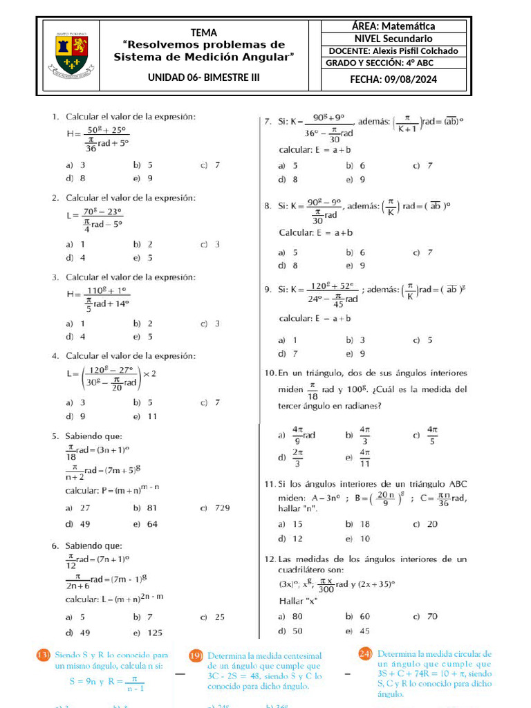FICHA DE Trabajo-Resolvemos Problemas de Sistema de Medicion Angular | PDF