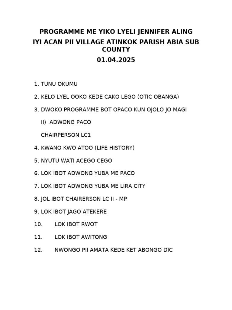 Programme Me Yiko Lyeli Jennifer Aling | PDF