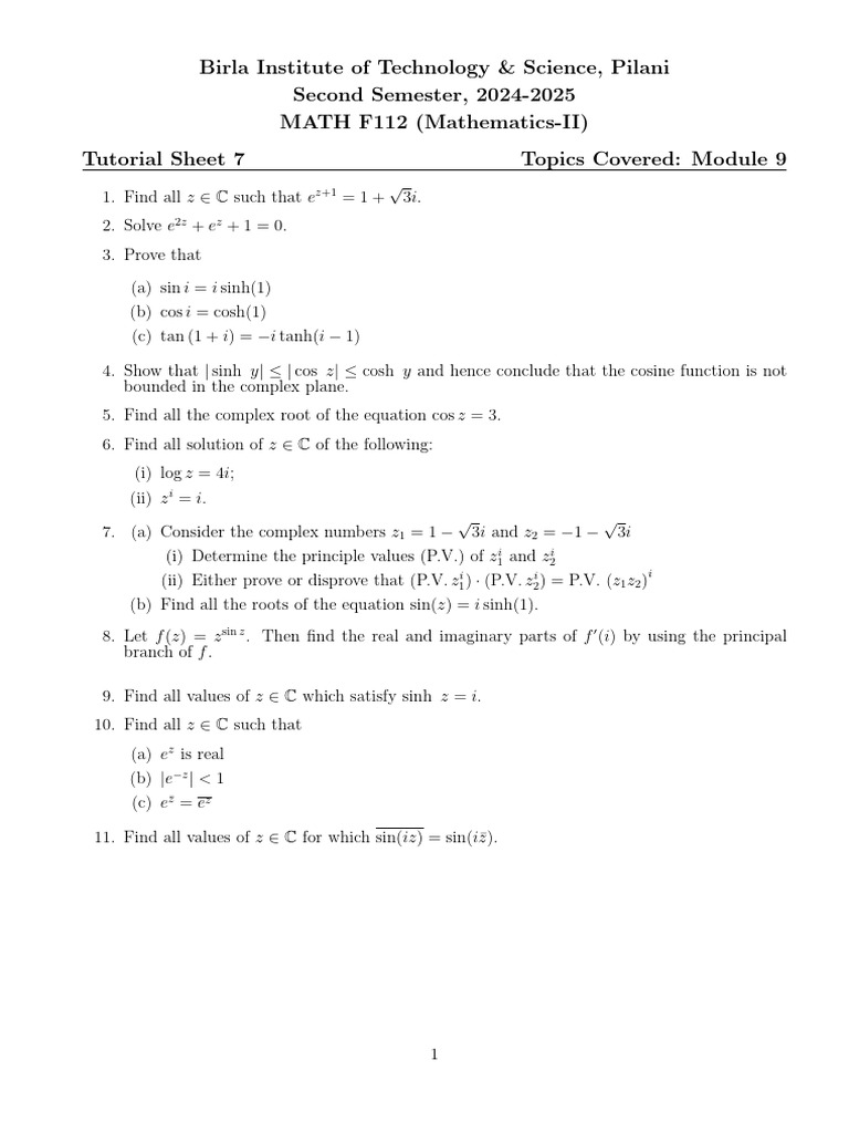 Tutorial Sheet 7 - MATH F112 | PDF