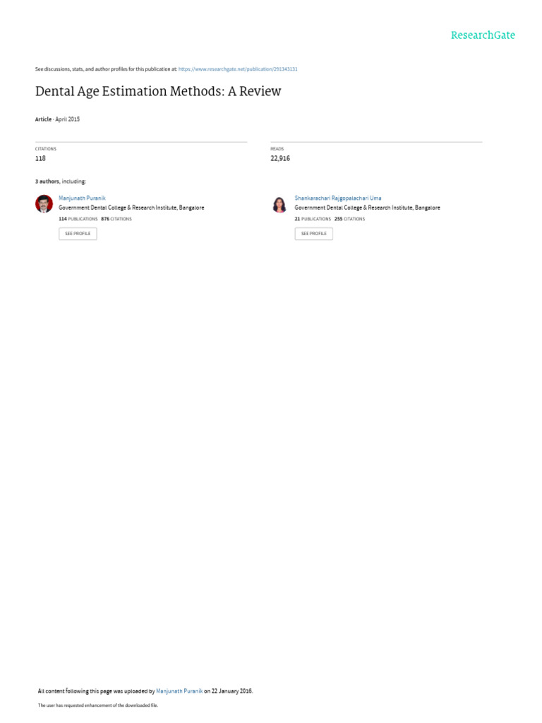 Dental Age Estimation Methods A Review | PDF | Dental Anatomy | Tooth