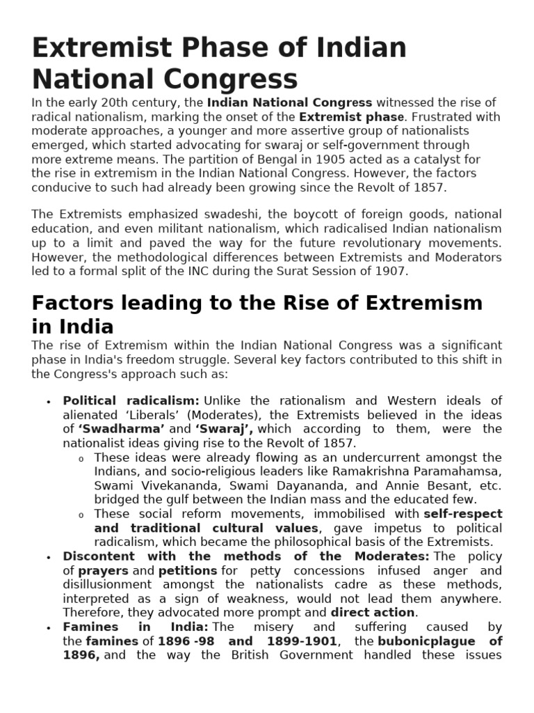Extremist Phase of Indian National Congress | PDF | British Raj ...
