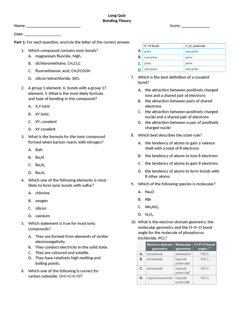 Bonding Theory Long Quiz | PDF | Chemical Bond | Covalent Bond