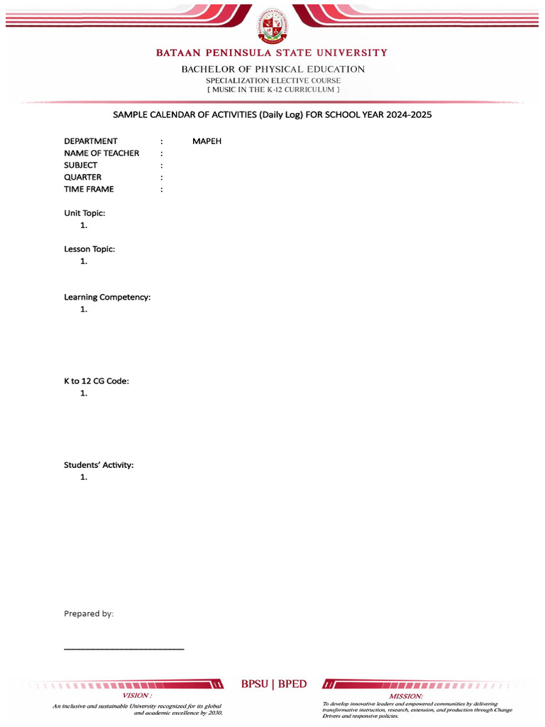 Bpsu-Bped-Music-Sample Calendar of Activities - Worksheet | PDF