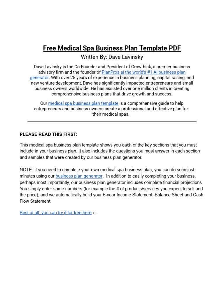 Free Version of Growthinks Medical Spa Business Plan Template | PDF | Brand | Marketing
