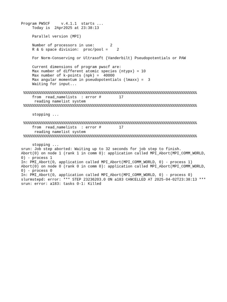 PWSCF v4.1.1 MPI Error Report | PDF