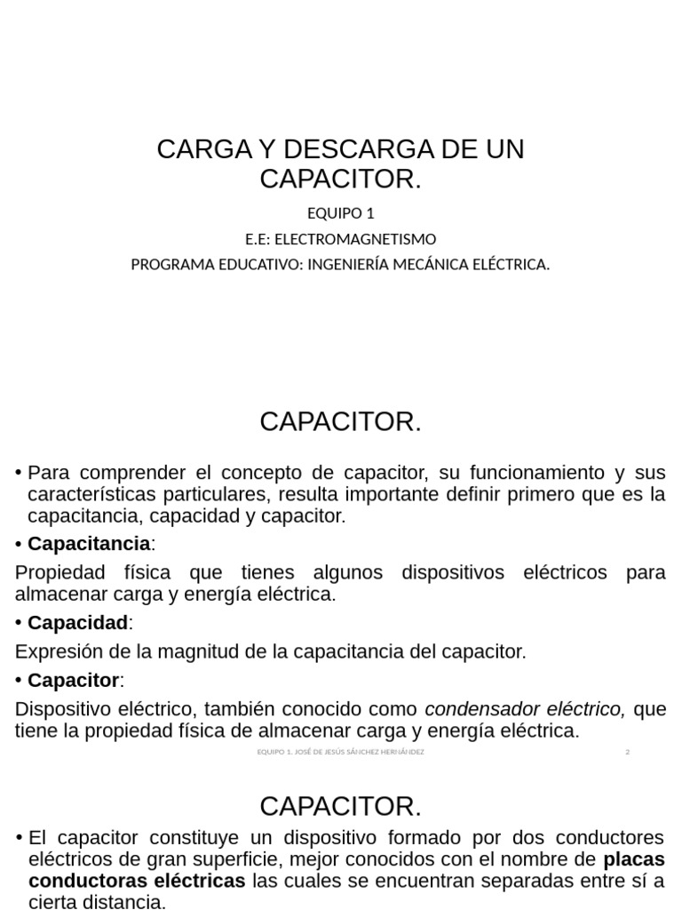 Equipo 1.Carga y Descarga de un capacitor. | PDF | Condensador | Capacidad