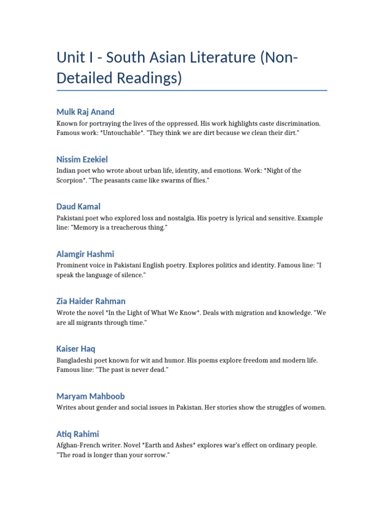 Unit I South Asian Literature Summary | PDF