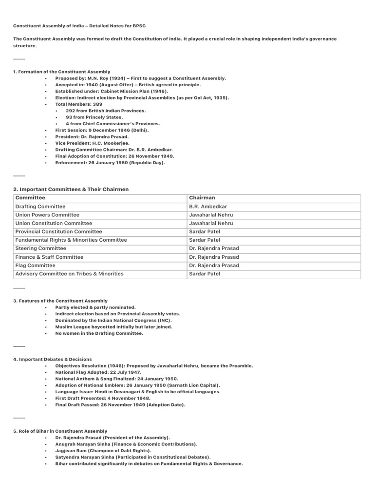 Constituent Assembly of India - Detailed Notes For BPSC 2 | PDF ...