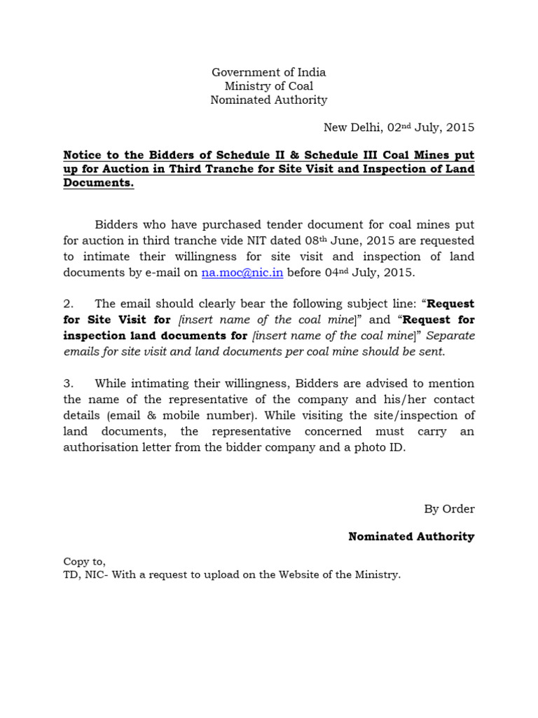 Site Visit Notice for Coal Mine Bidders | PDF
