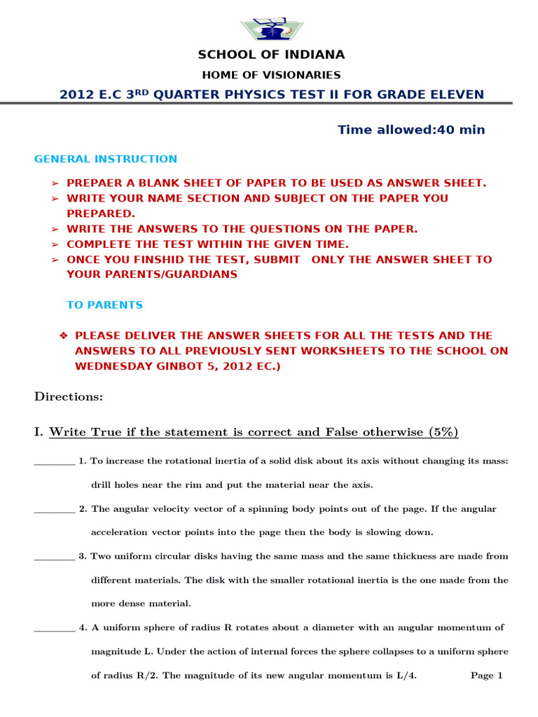 Updated Phys G11 Test One | PDF | Rotation Around A Fixed Axis ...