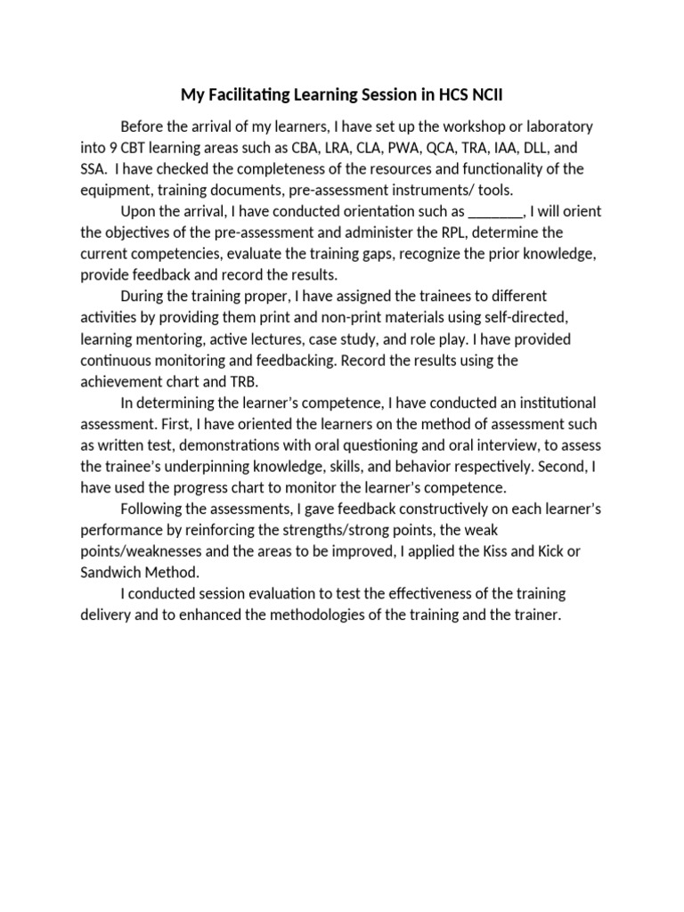 My Facilitating Learning Session in HCS NCII | PDF