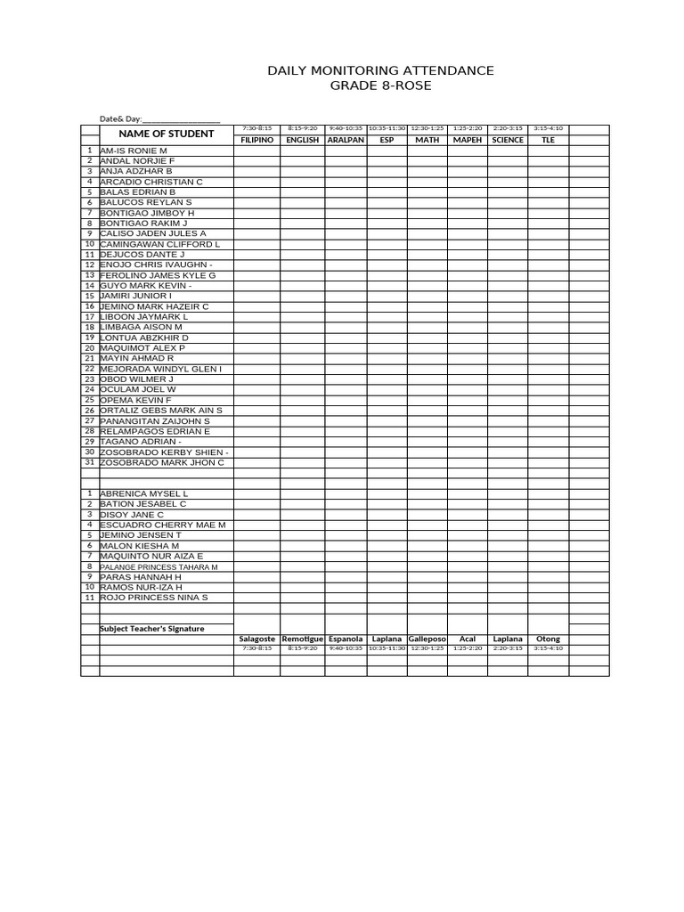 Grade 8 Daily Attendance Log | PDF