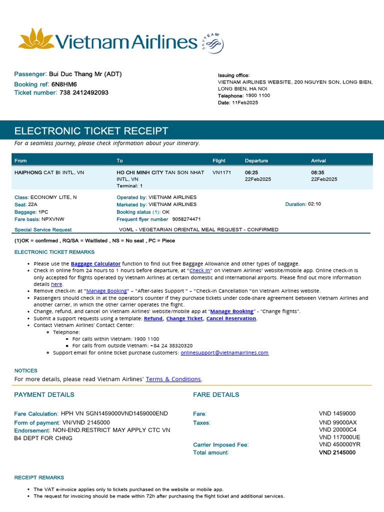 Electronic Ticket-EMD Receipt 22FEB For DUC THANG BUI | PDF | Receipt