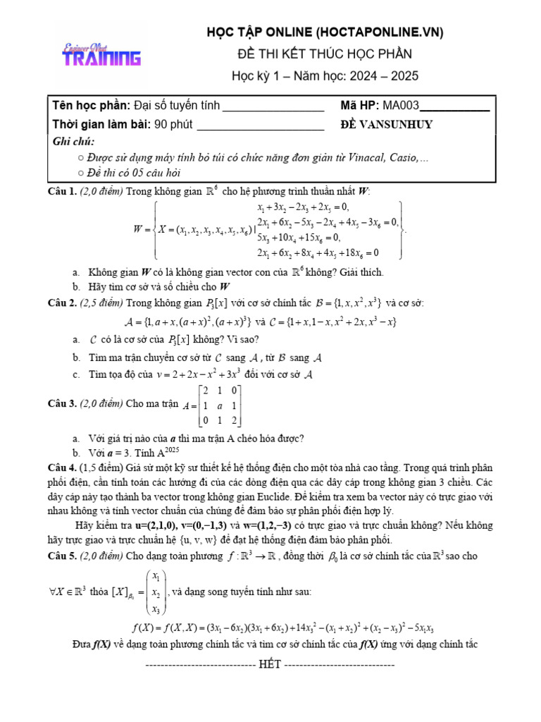 ĐỀ THI ĐẠI SỐ K19 - CK | PDF