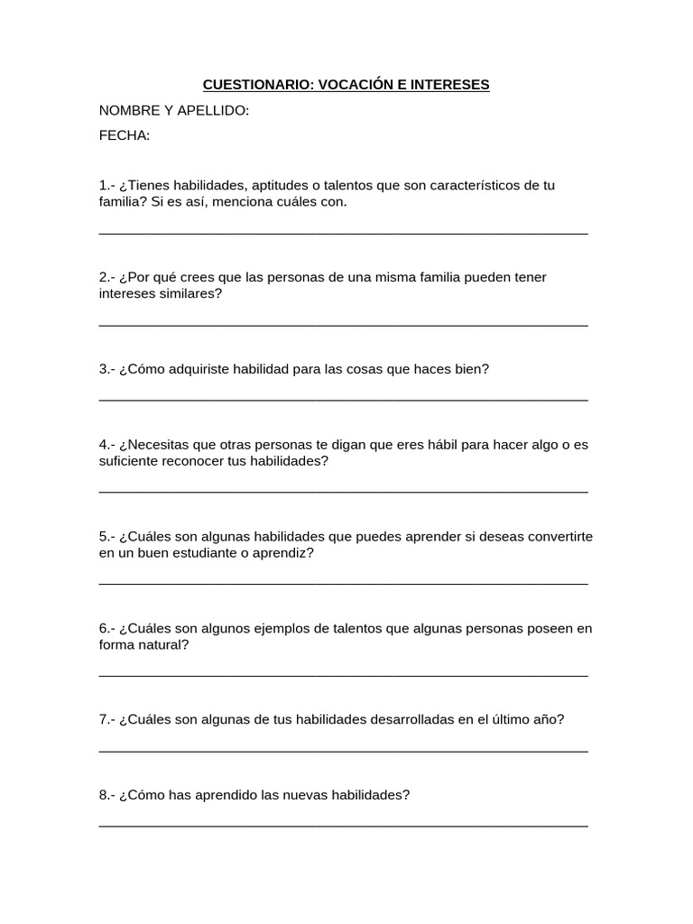 CUESTIONARIO - Vocación e Intereses | PDF