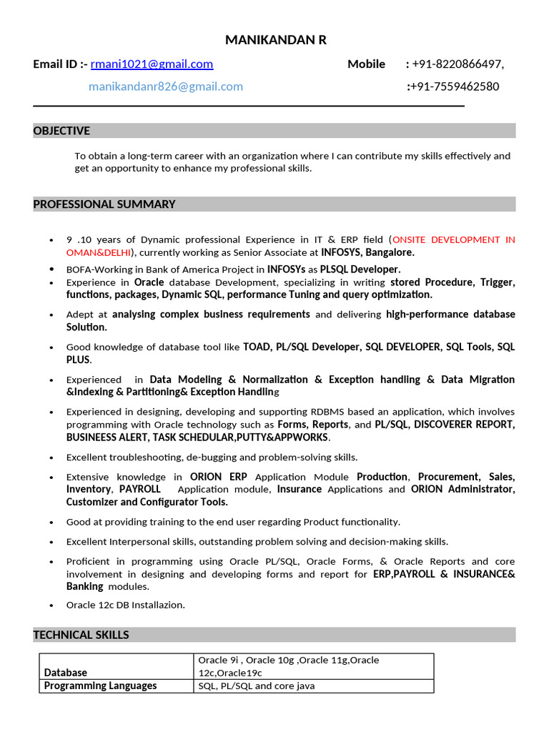 Manikandan Resume (Mar2025) | PDF | Pl/Sql | Sql