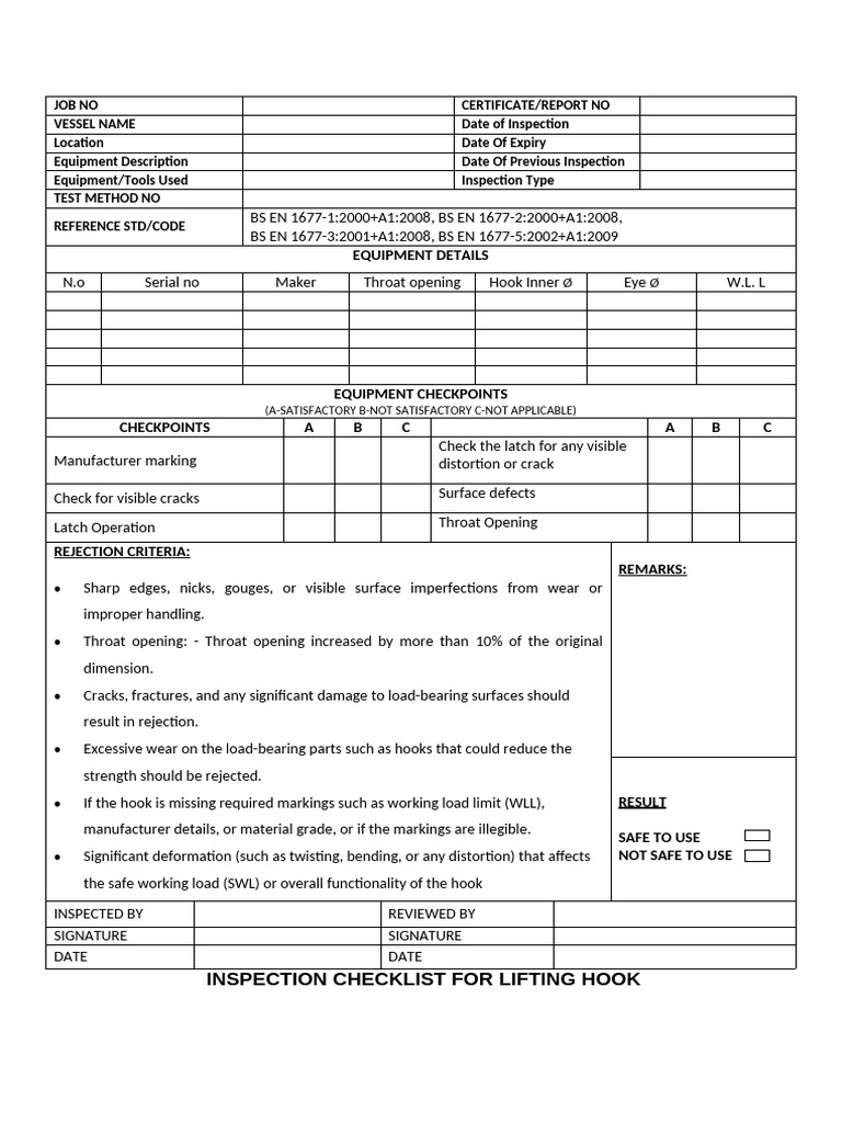 checklist fomat Lifting Hook | PDF | Fracture | Physical Sciences