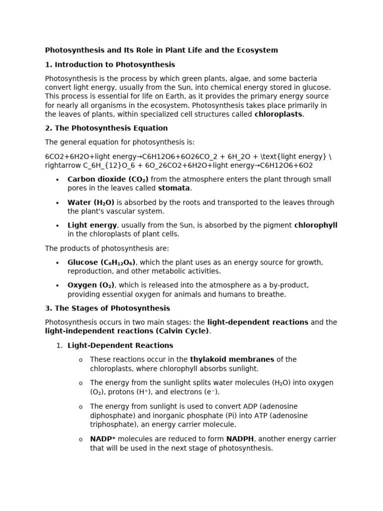 Photosynthesis and Its Role in Plant Life and The Ecosystem | PDF ...