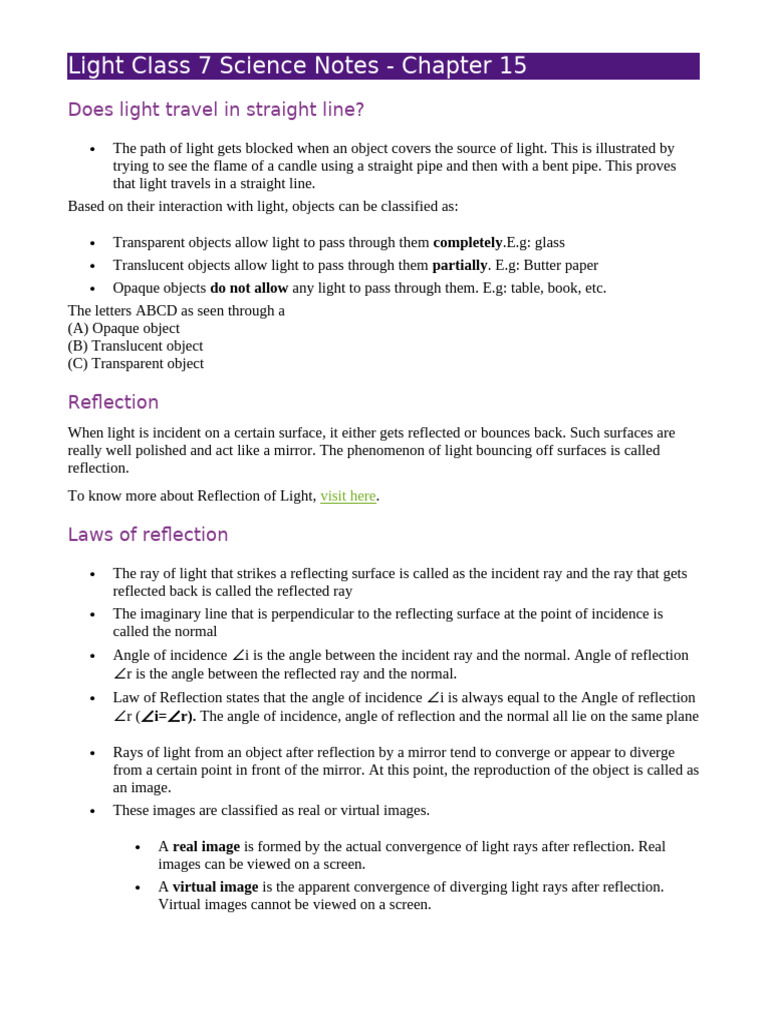 Class 7 Science Chapter 15 LIGHT | PDF | Mirror | Reflection (Physics)